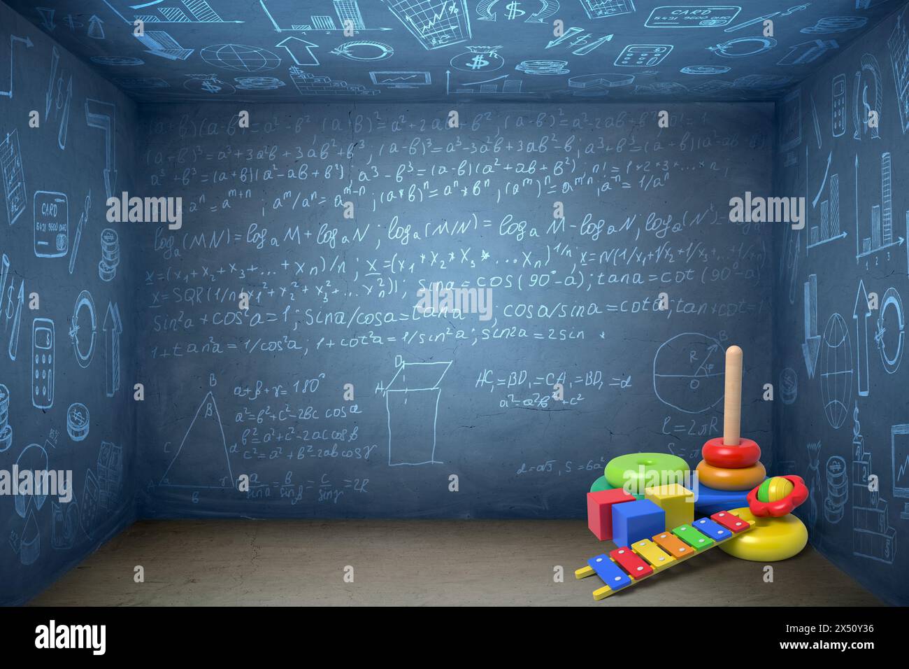 Chalkboard room with mathematics and toys Stock Photo - Alamy