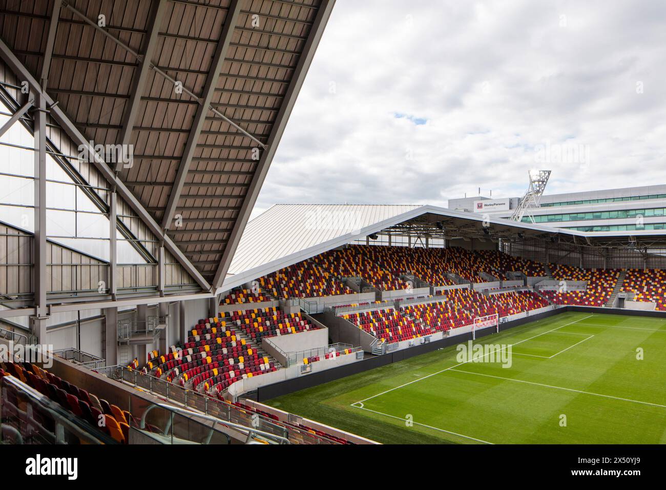 A view looking across the corner of the stand and pitch. Showing the ...