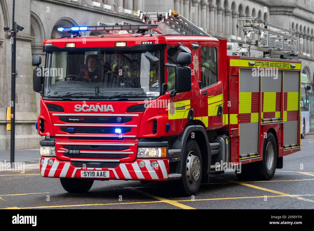 1 May 2024. Aberdeen City,Scotland. This is a SFRS Fire Engine on an emergency call on Union ...