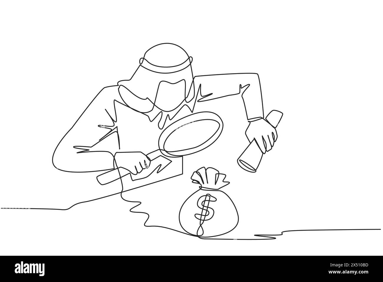 Single one line drawing of Arabian businessman holds a magnifier and ...