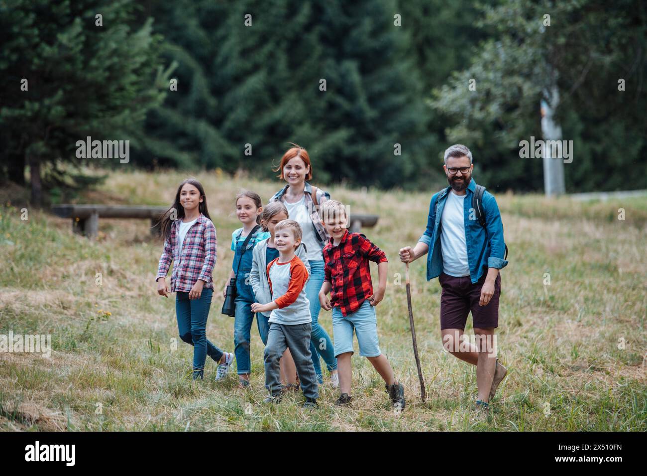 Young students learning about nature, forest ecosystem during biology ...