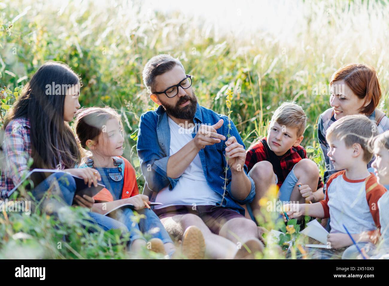 Young students learning about nature, forest ecosystem during biology ...