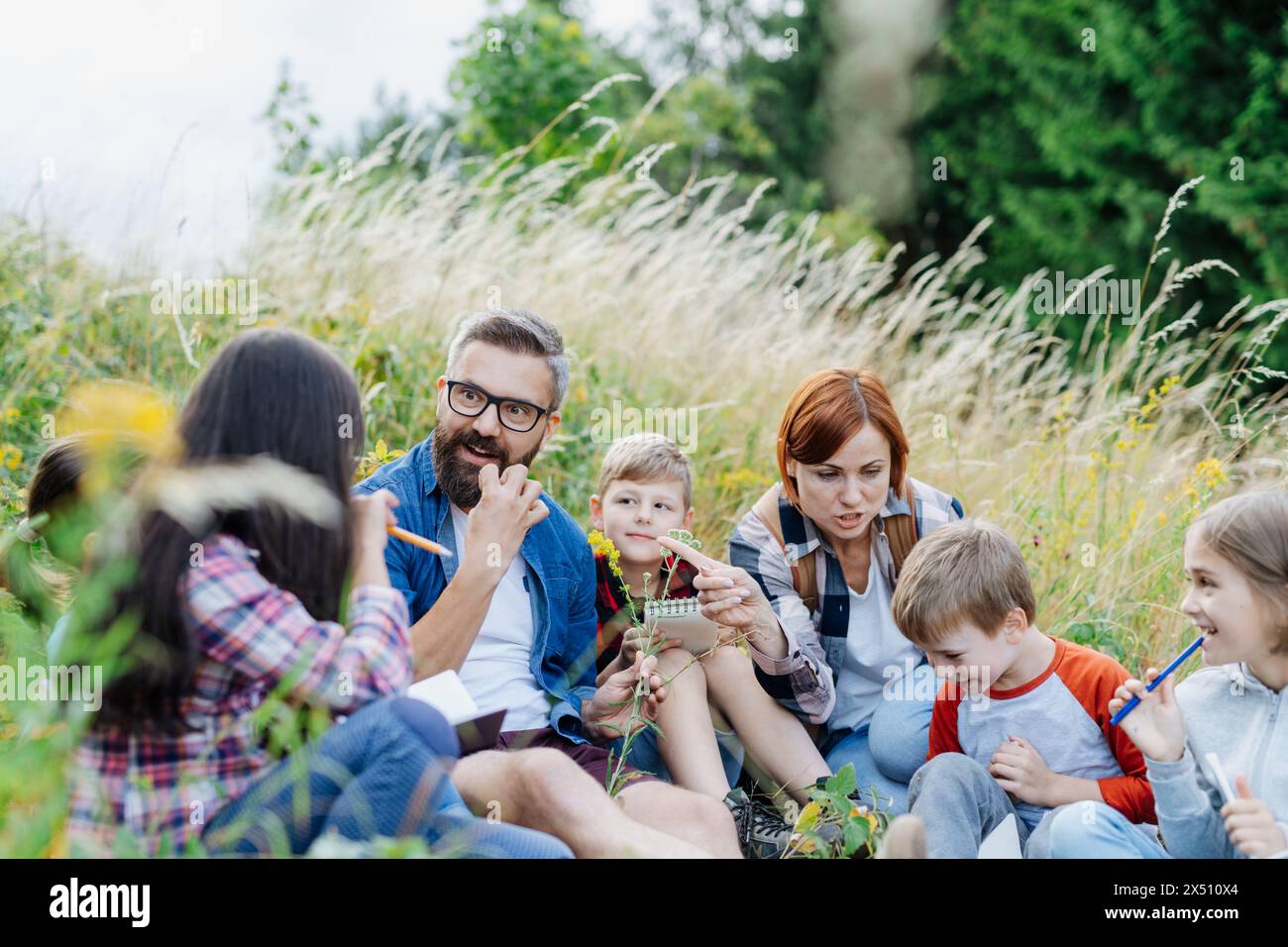 Young students learning about nature, forest ecosystem during biology ...