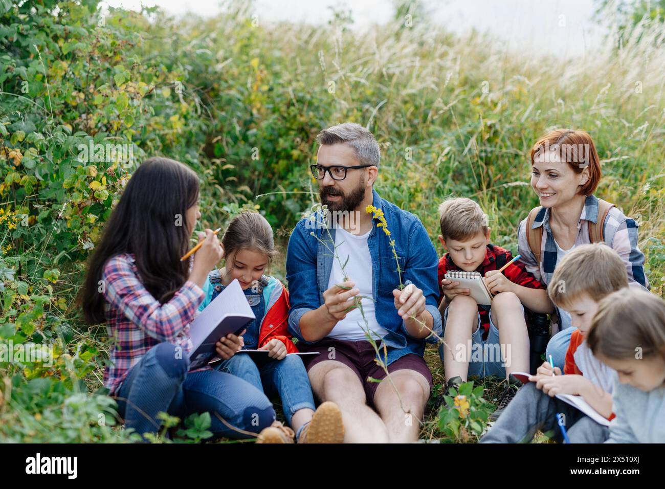 Young students learning about nature, forest ecosystem during biology ...