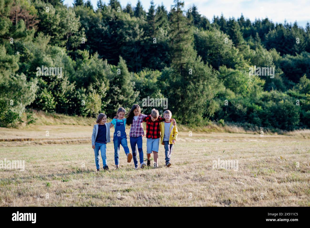 Portrait of young classmates, students during biology field teaching ...