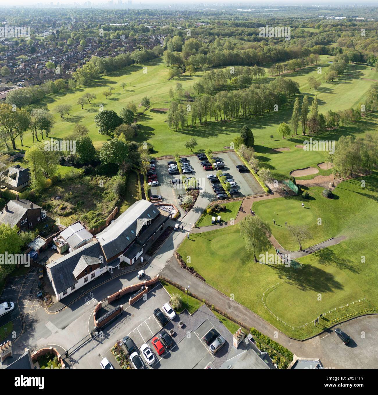 Aerial view of the golf course, Greater Manchester, UK. Green fairways ...