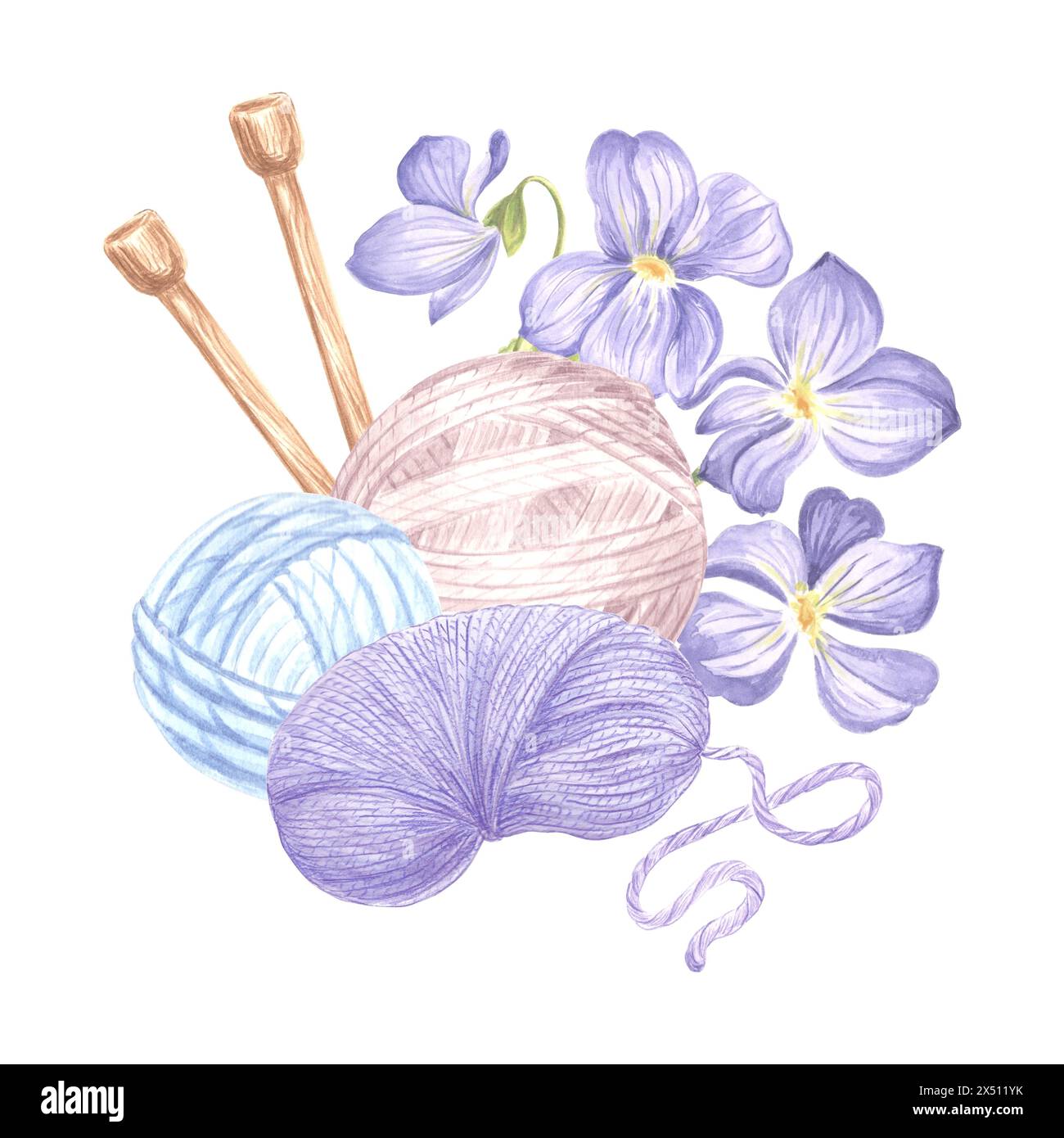 Balls and skeins of yarn Knitting needles Flowers of wild violets ...