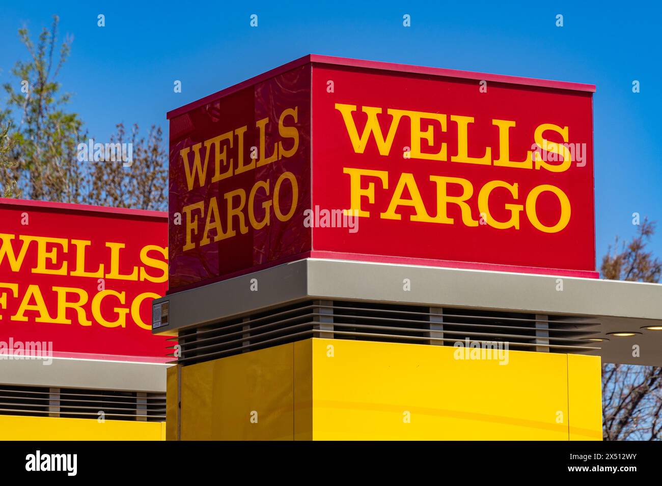 Salt Lake City, US-April 10, 2024: Wells Fargo Bank sig in bright red ...