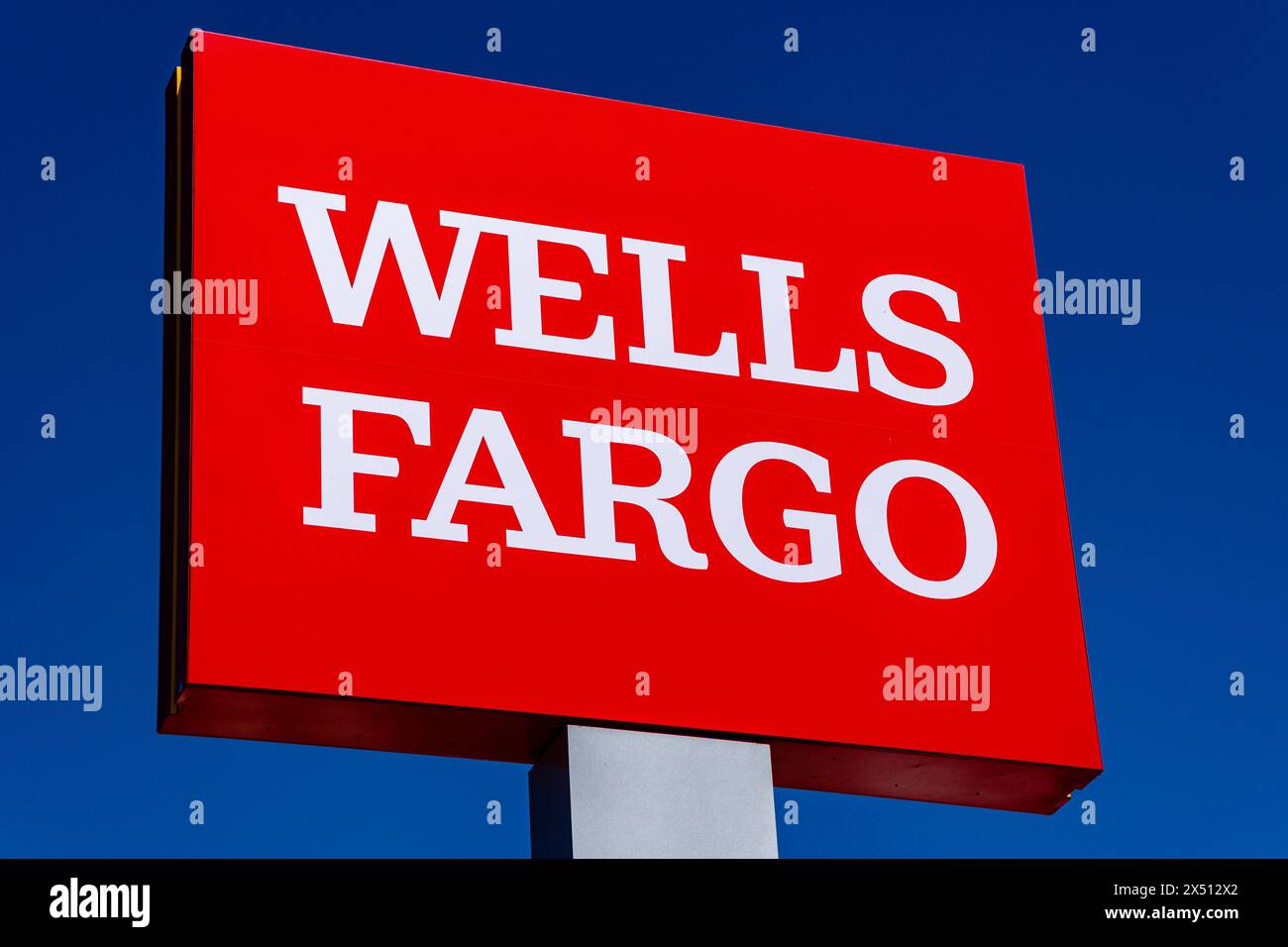Salt Lake City, US-April 10, 2024: Wells Fargo Bank sig in bright red ...