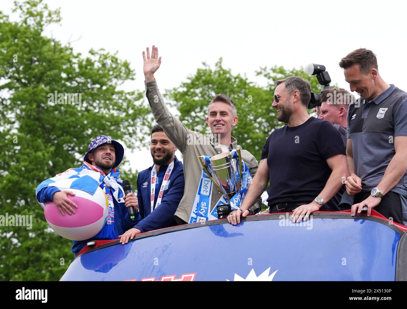Ipswich Town manager Kieran McKenna during an open-top bus parade in ...