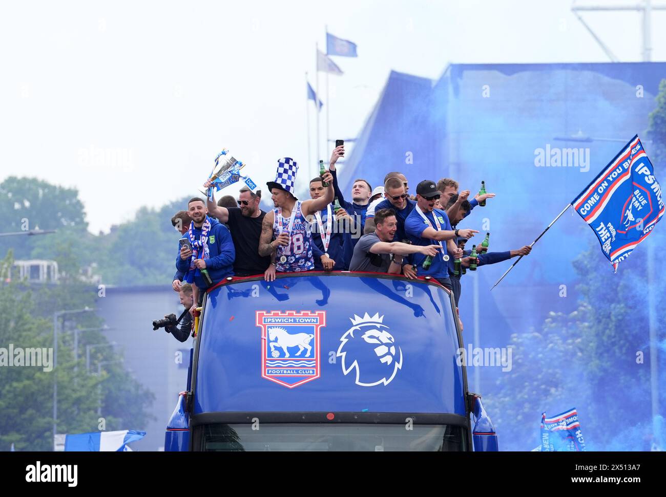 Ipswich Town players during an open-top bus parade in Ipswich to ...
