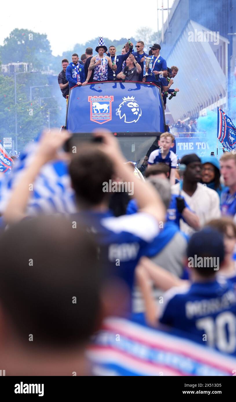 Ipswich Town players during an open-top bus parade in Ipswich to ...