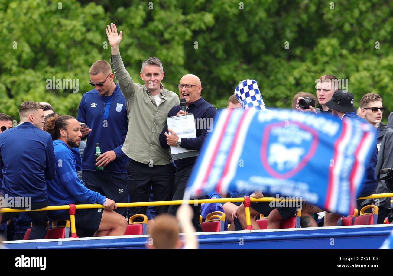 Ipswich Town manager Kieran McKenna during an open-top bus parade in ...