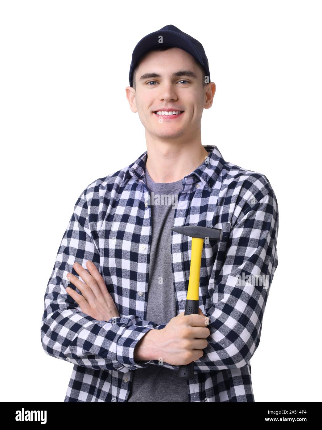 Young man holding hammer on white background Stock Photo - Alamy