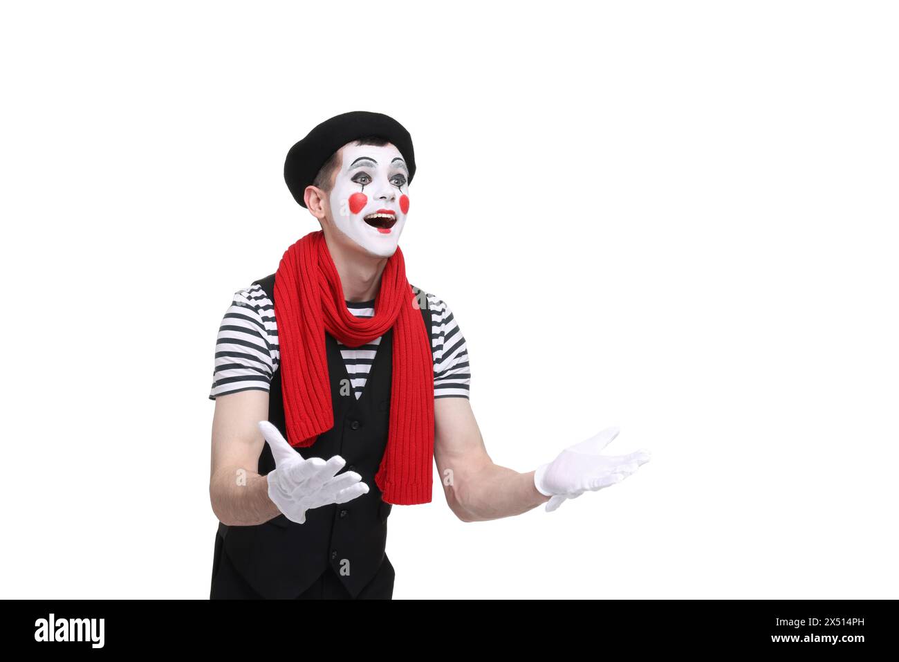 Mime artist making excited face on white background Stock Photo - Alamy