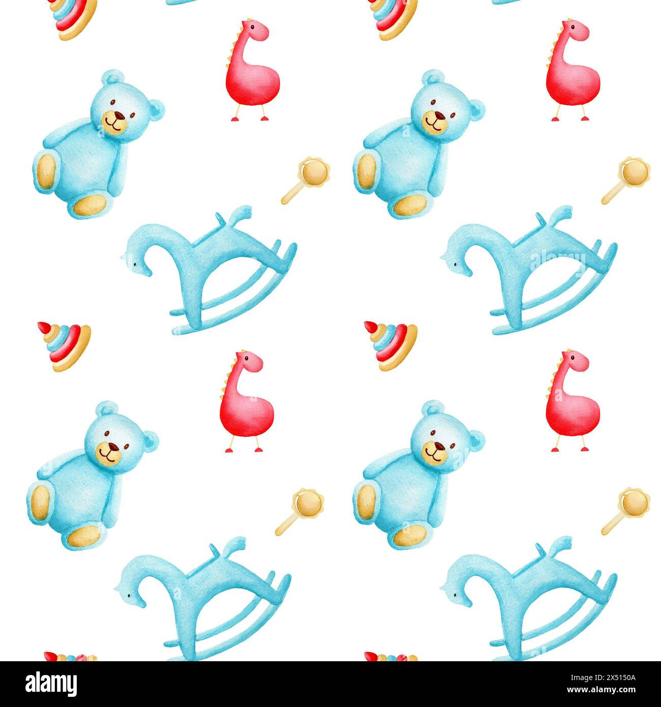 Seamless watercolor pattern with blue bears, pyramid, dinosaur, rocking ...