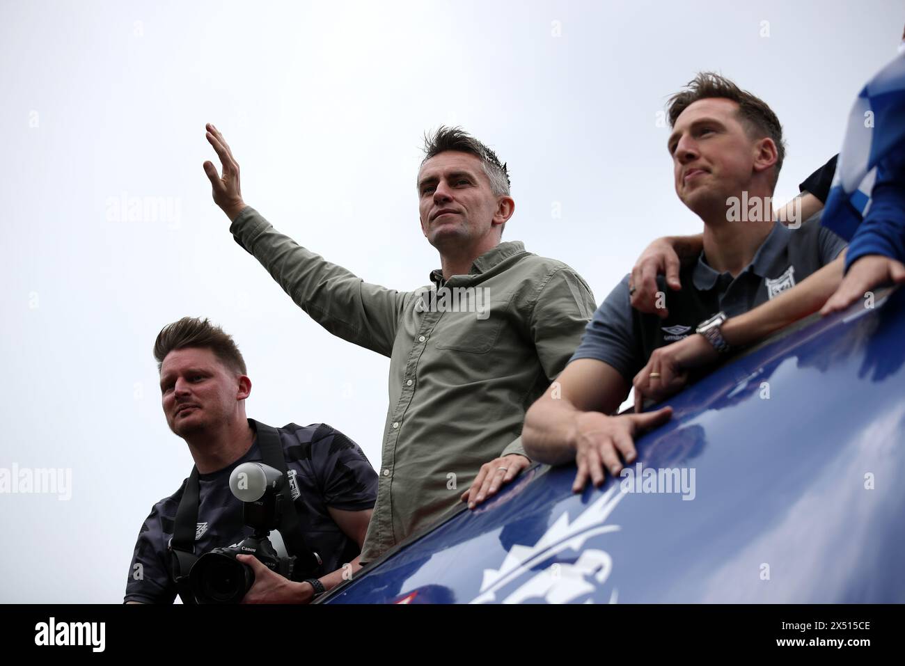 Ipswich Town manager Kieran McKenna during an open-top bus parade in ...