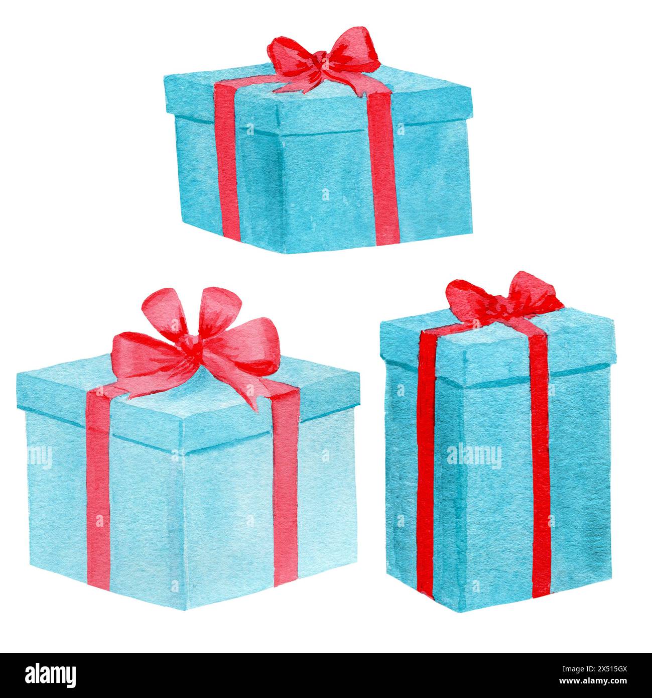 Set of three blue gift boxes with red bows isolated on white background ...