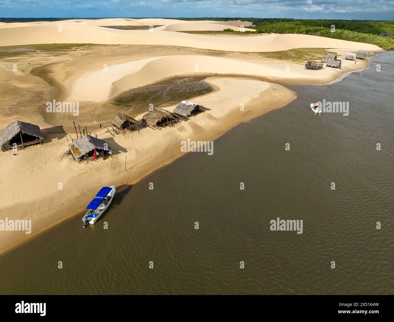 Aerial view of Parque da Dunas - Ilha das Canarias, Brazil. Huts on the ...