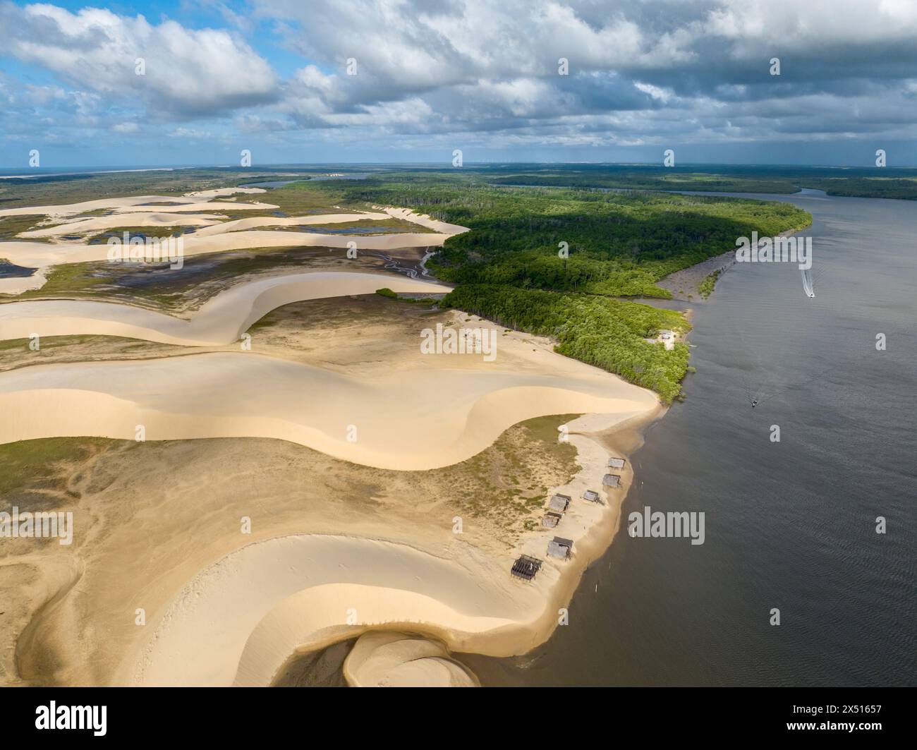 Aerial view of Parque da Dunas - Ilha das Canarias, Brazil. Huts on the ...