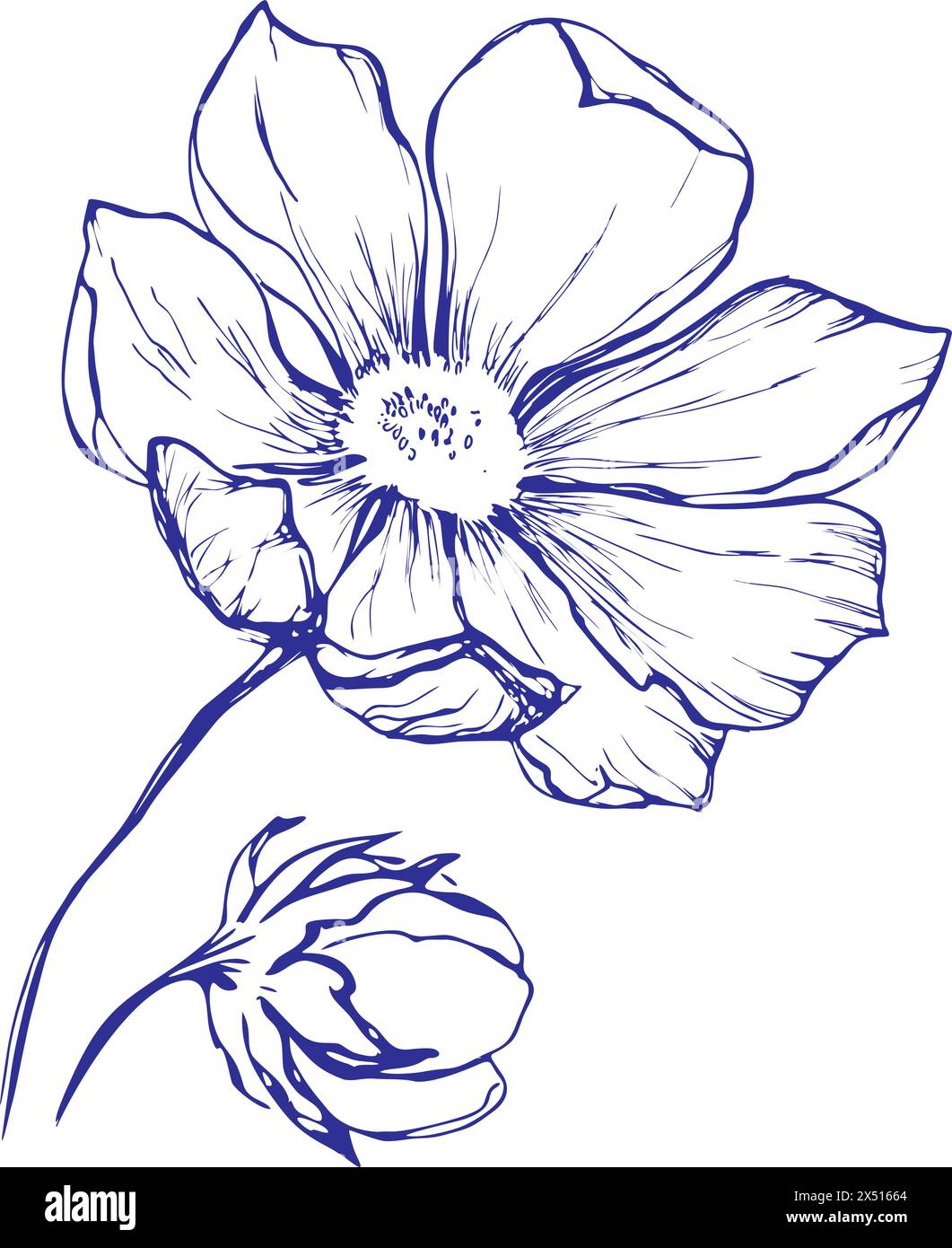 Abstract flower in continuous line art drawing style. Black linear ...
