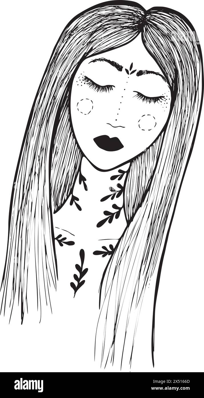 Vector art drawing, portrait of gorgeous dreamy girl isolated on white ...