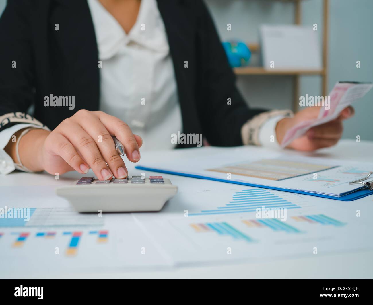 Photo close up hands of business woman working on desk office with ...