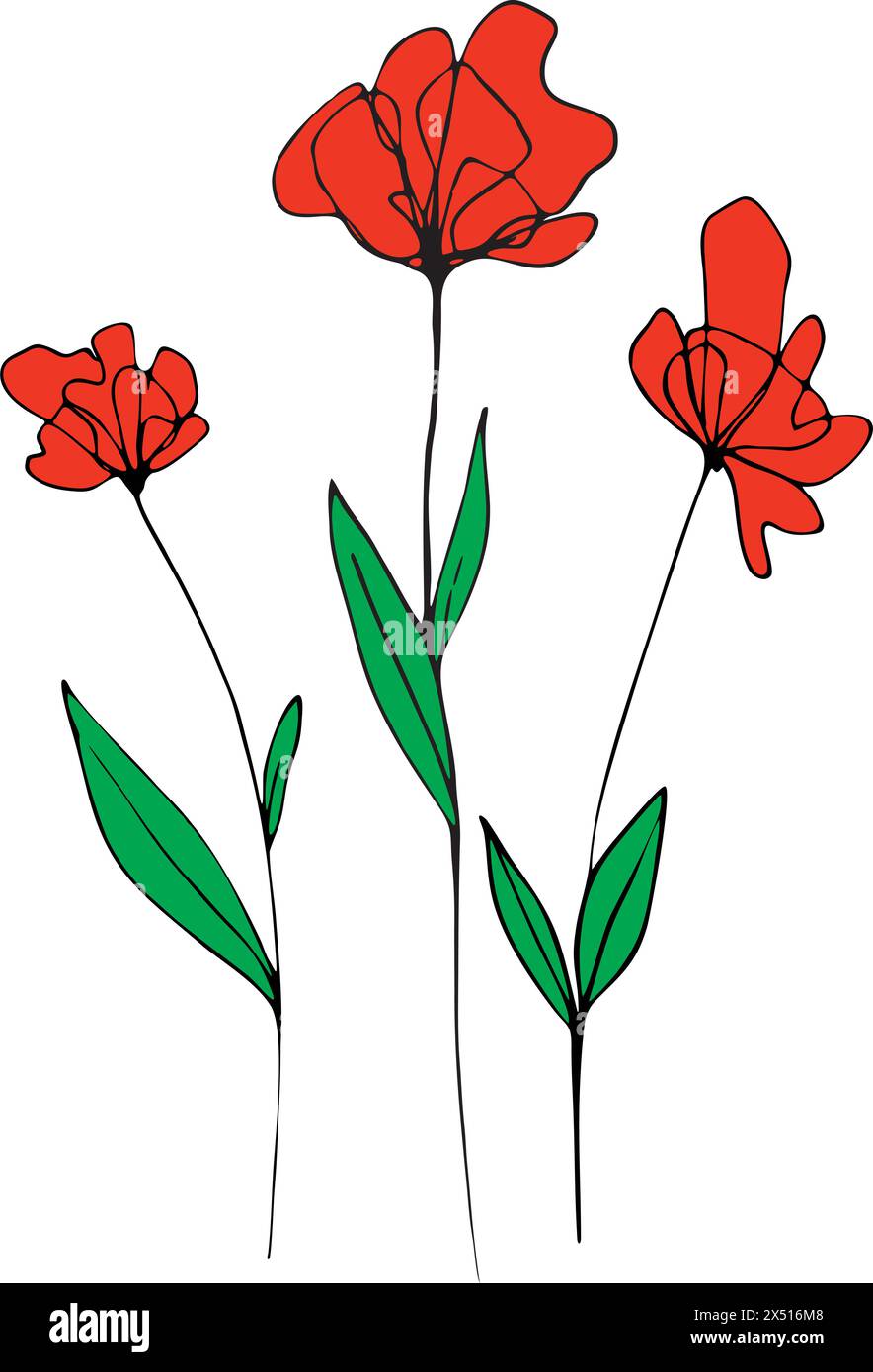 Vector red flower drawing . Color illustration of flowers in the style ...