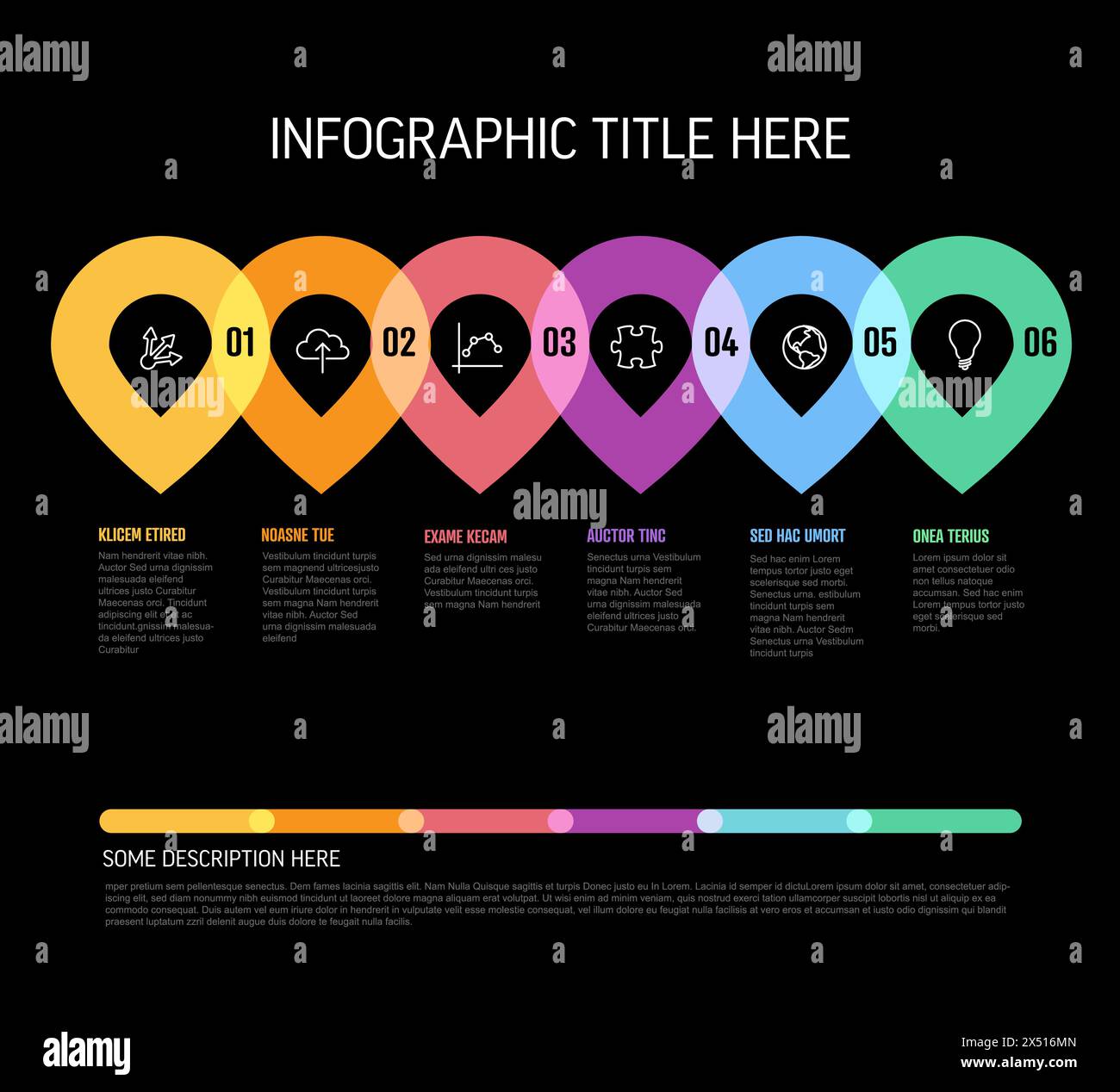Vector process progress template diagram schema - six pins steps with ...