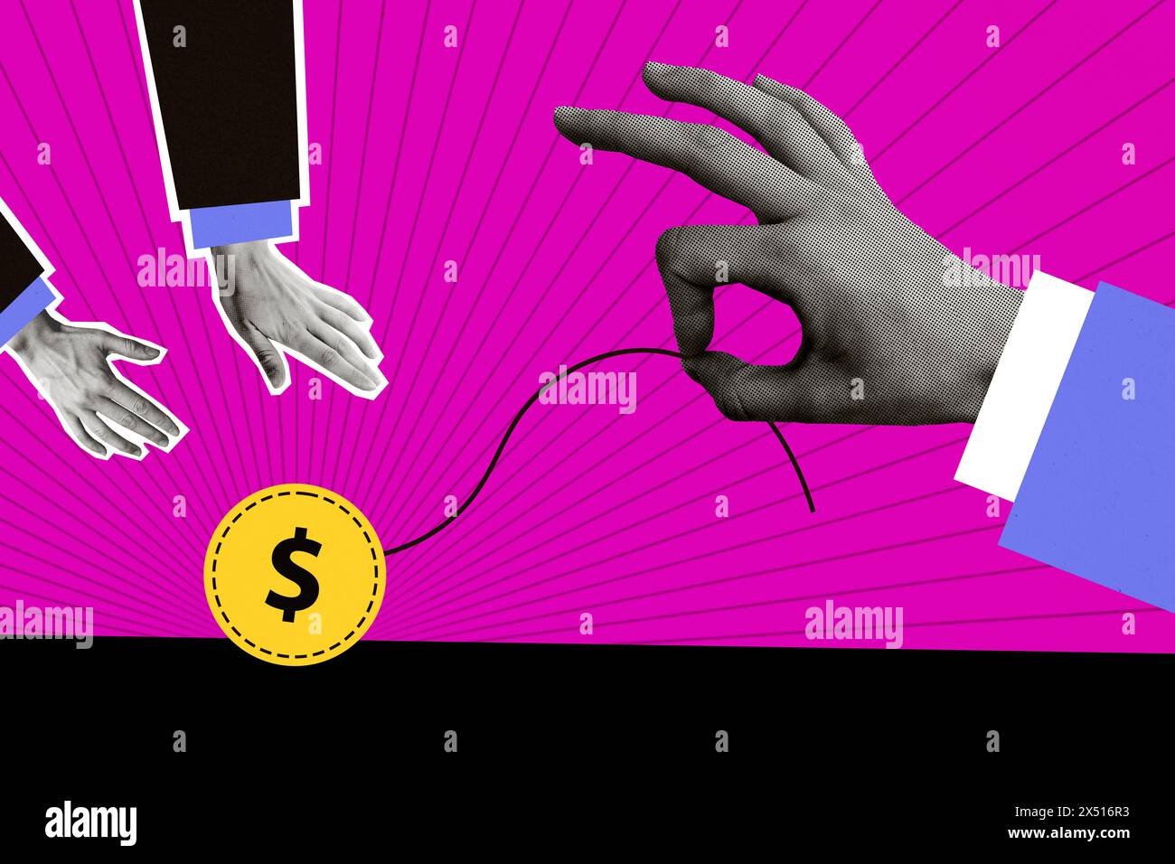 Creative abstract template collage of hands catch golden coin trap ...