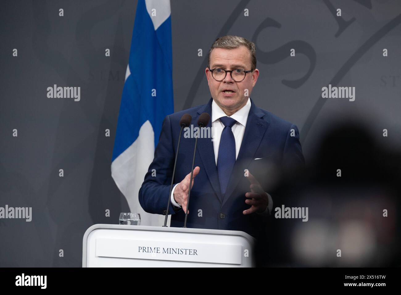 Prime Minister of Finland Petteri Orpo speaks during his meeting with Prime Minister Mette ...