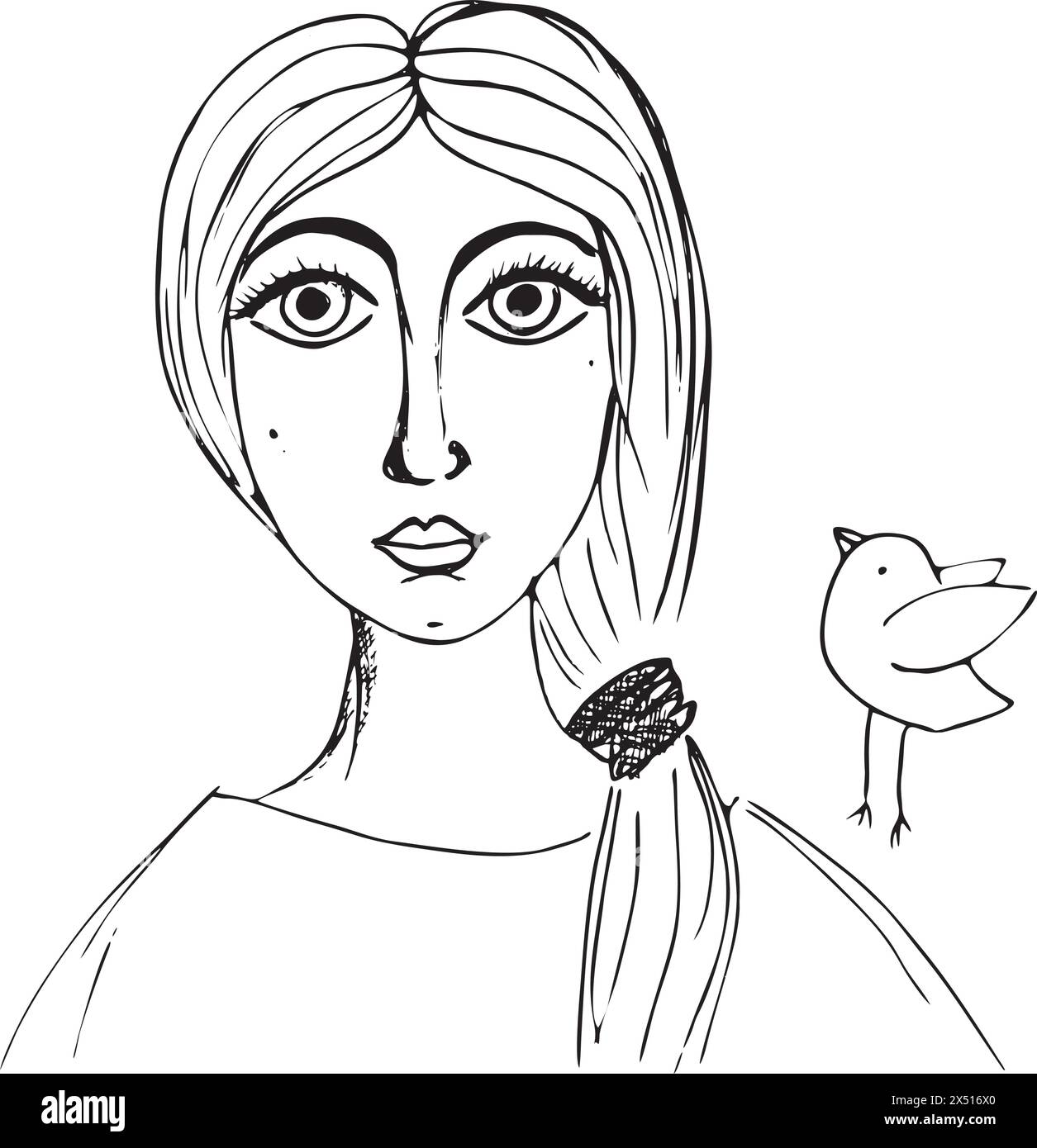 Vector art drawing, portrait of gorgeous dreamy girl isolated on white ...