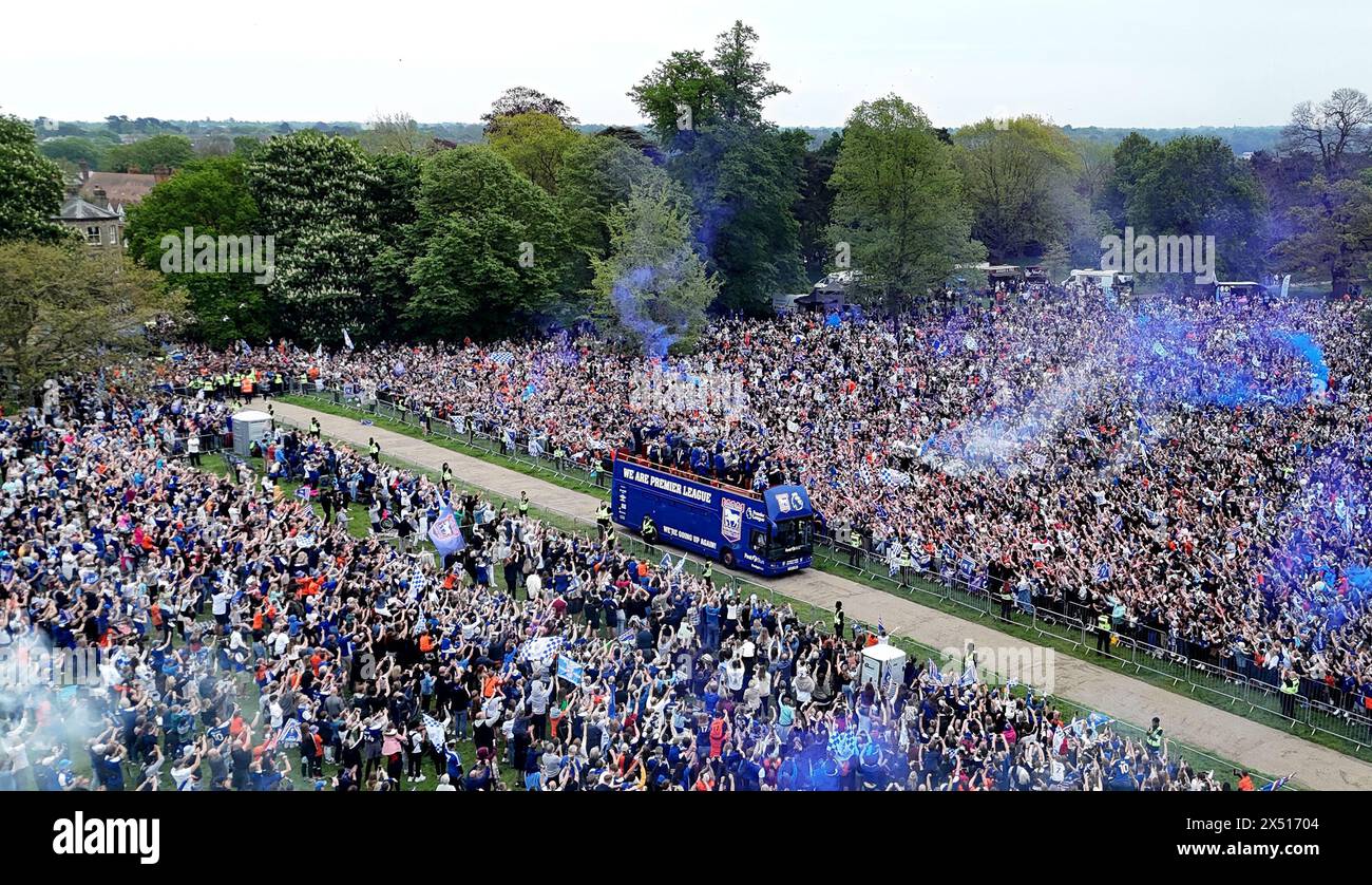 The Ipswich Town bus parade arrives at Christchurch Park in the town as ...