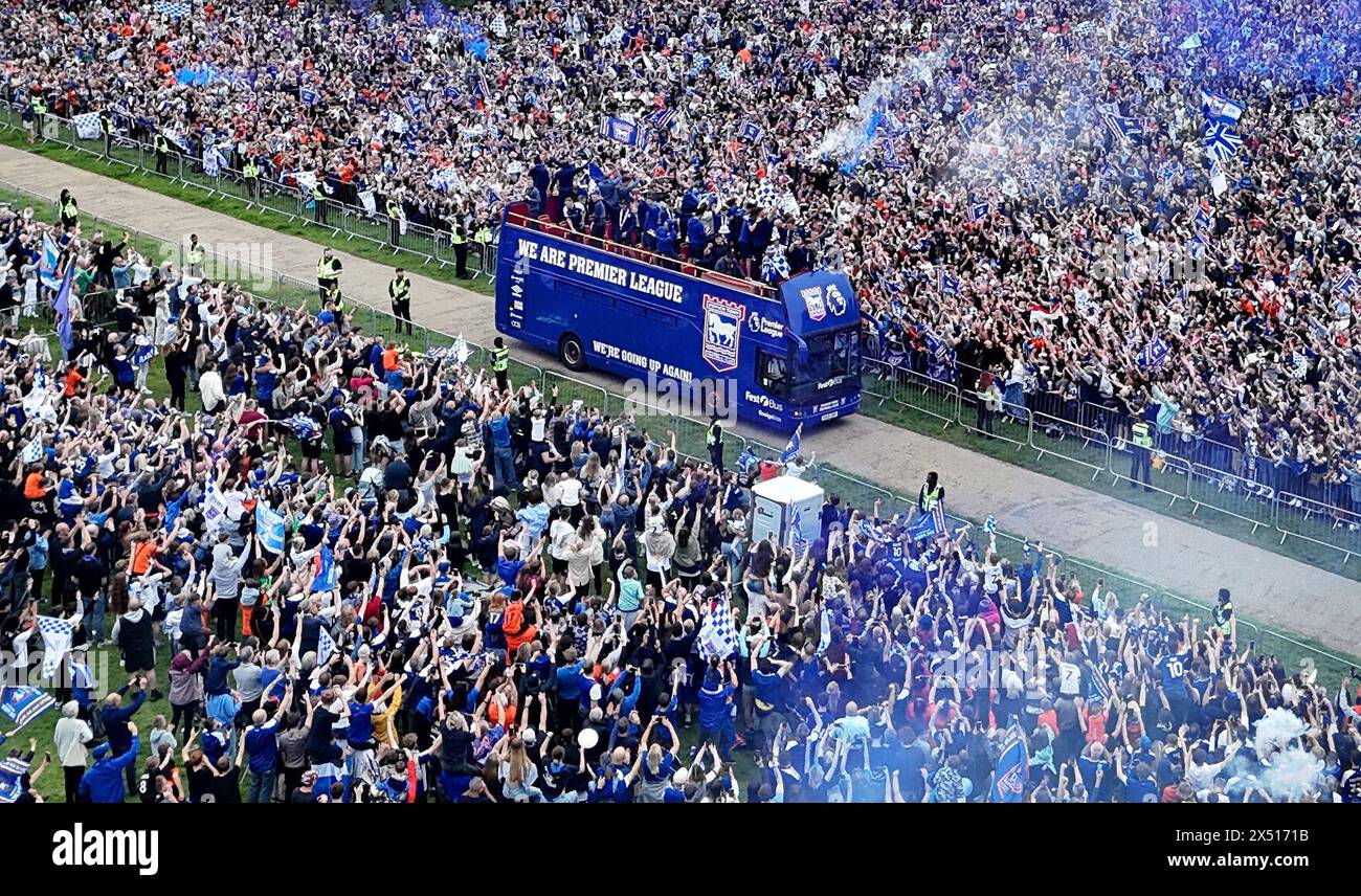 The Ipswich Town bus parade arrives at Christchurch Park in the town as ...