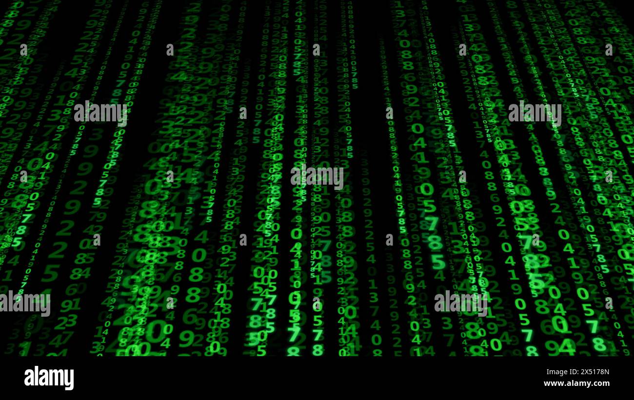 Set of green numbers on a black background. Network data transmission ...