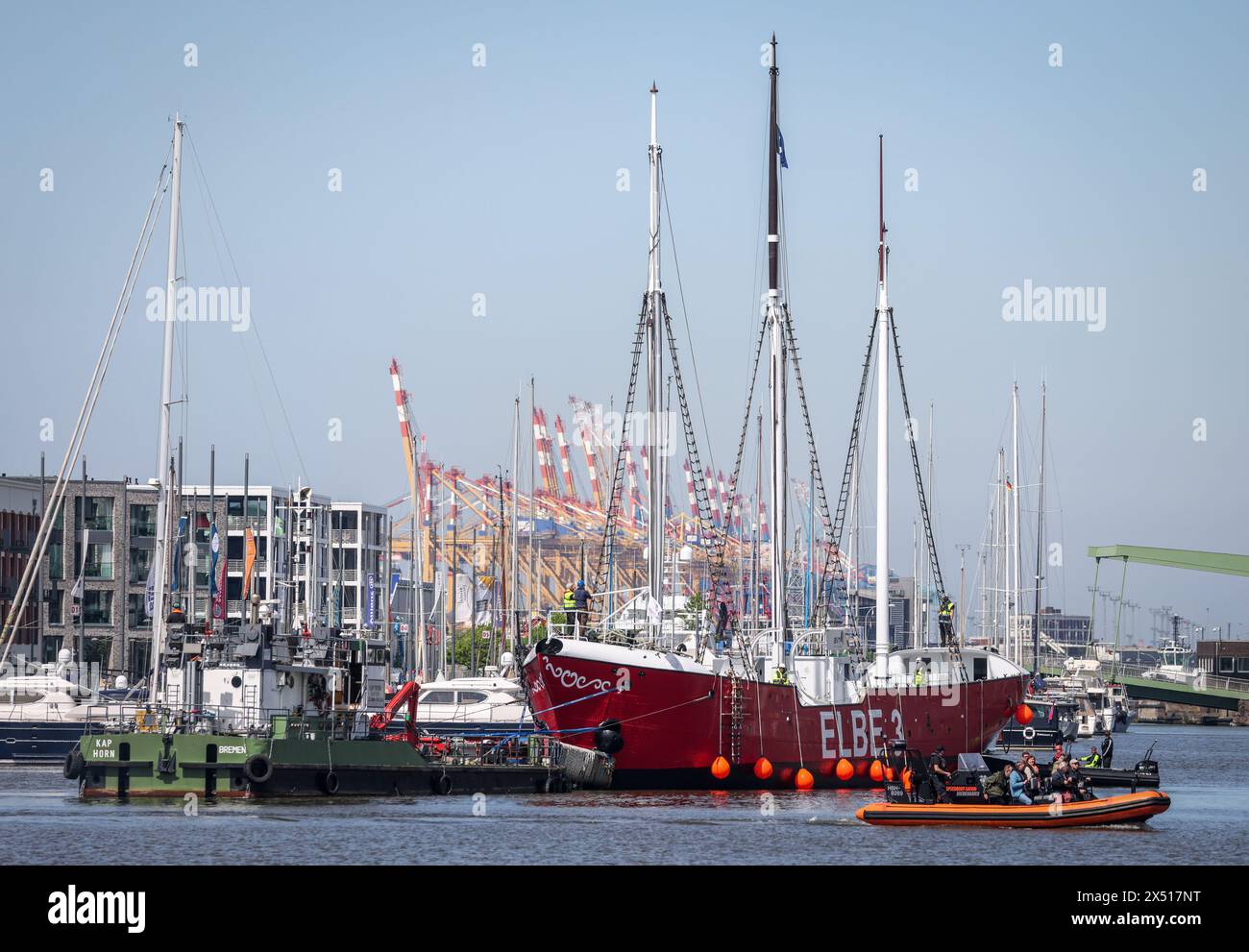 Bremerhaven, Germany. 06th May, 2024. The refurbished lightship "Elbe 3 ...