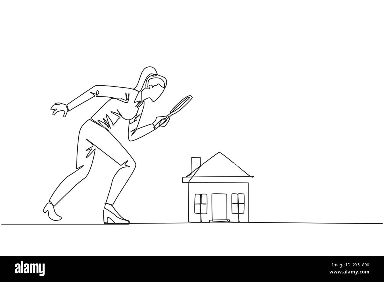 Single continuous line drawing of businesswoman holding magnifying ...