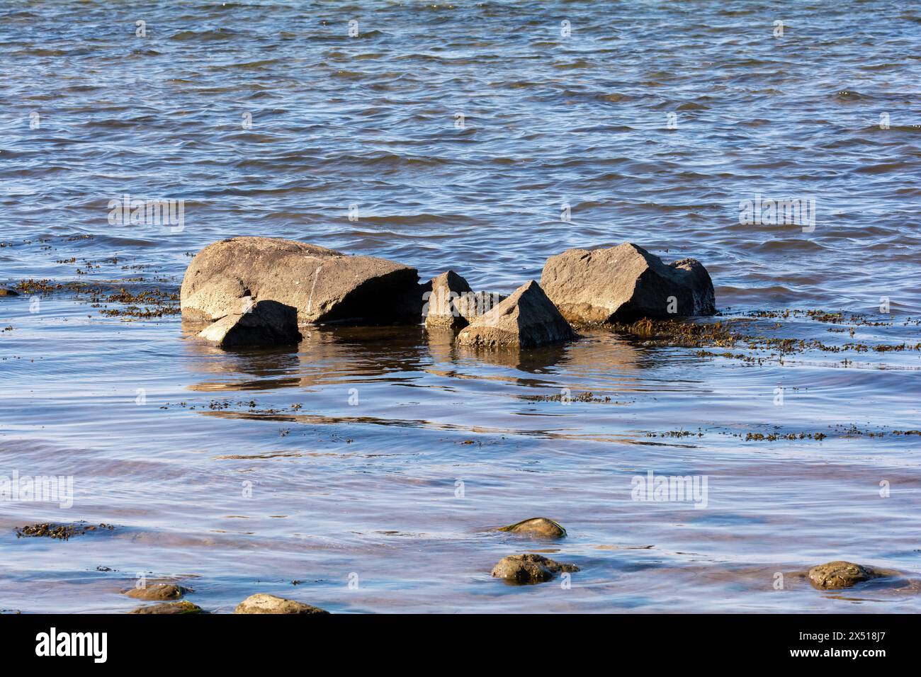 Big rock with stones lie in the water on the coast of the Baltic Sea ...