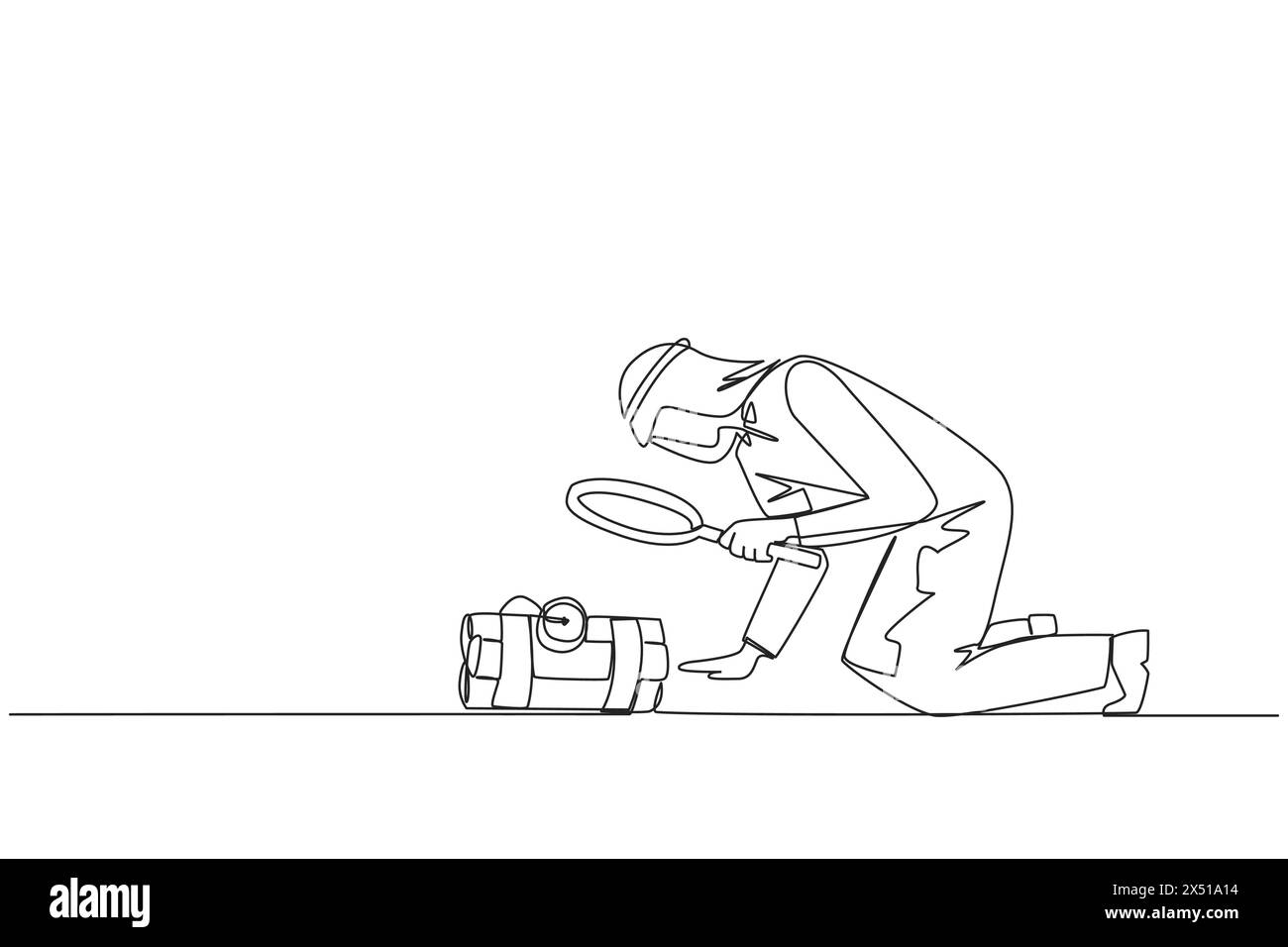 Single one line drawing Arabian businessman holding magnifying glass ...