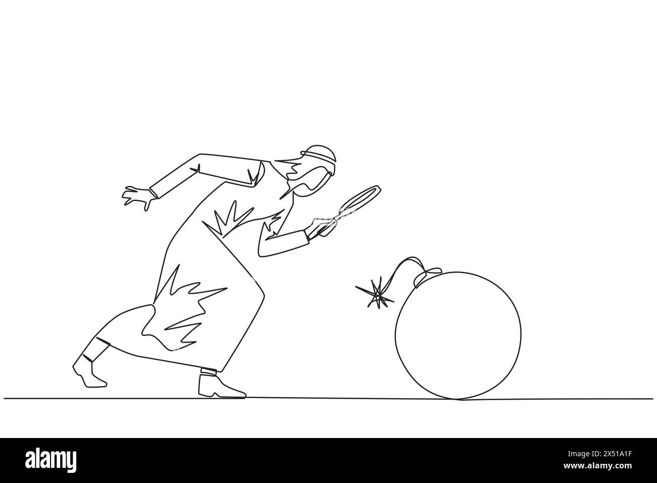 Single continuous line drawing Arabian businessman holding magnifying ...
