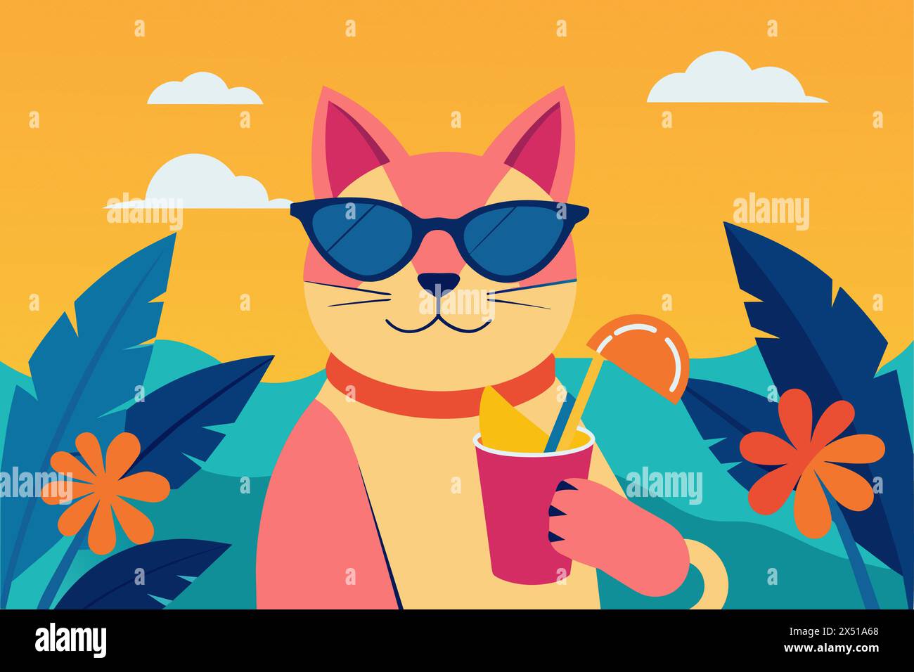 Cat in sunglasses enjoying fruit cocktail in tropical setting. Smiling ...