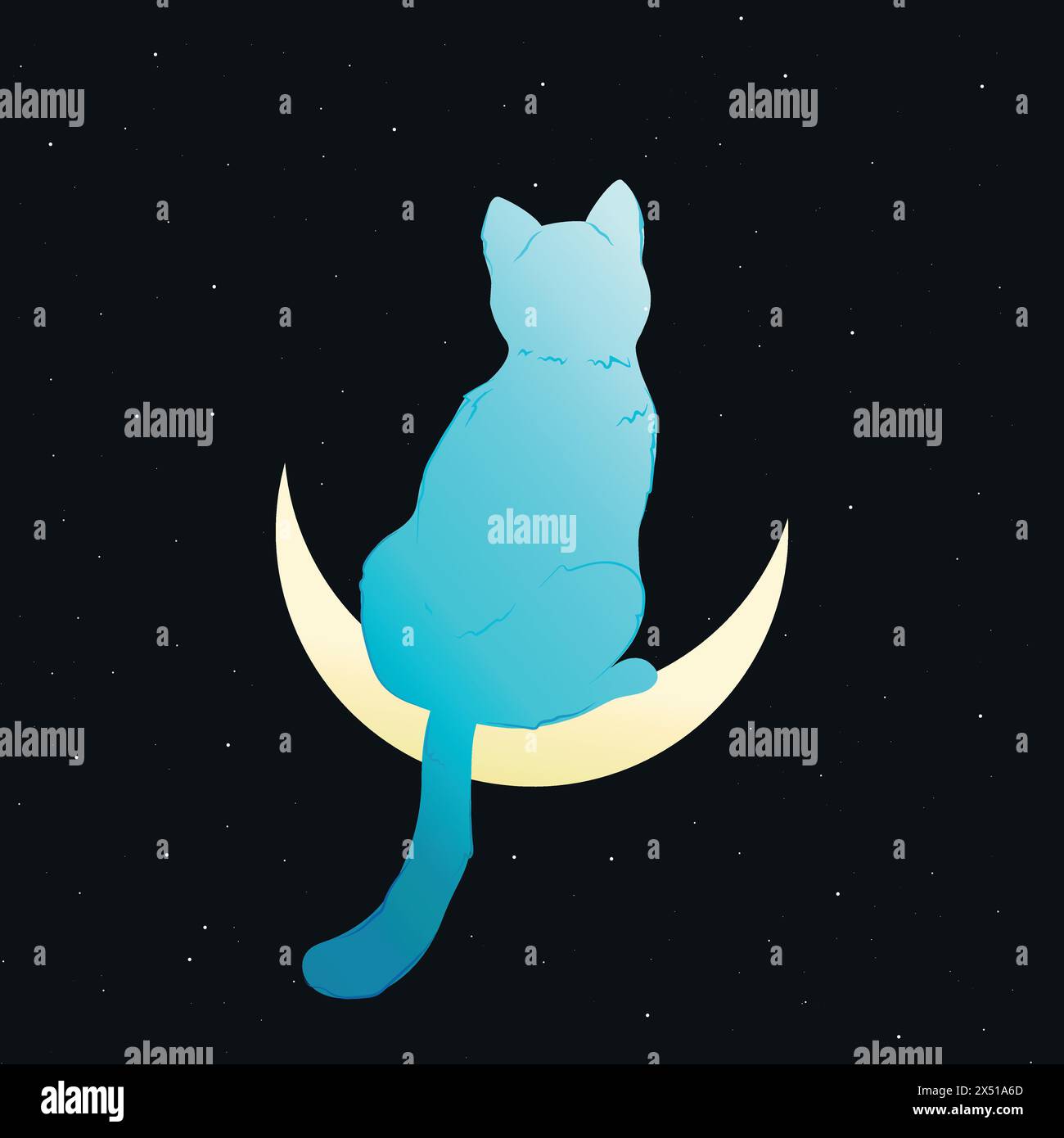 Celestial art with a cat sitting on a crescent on night sky background ...