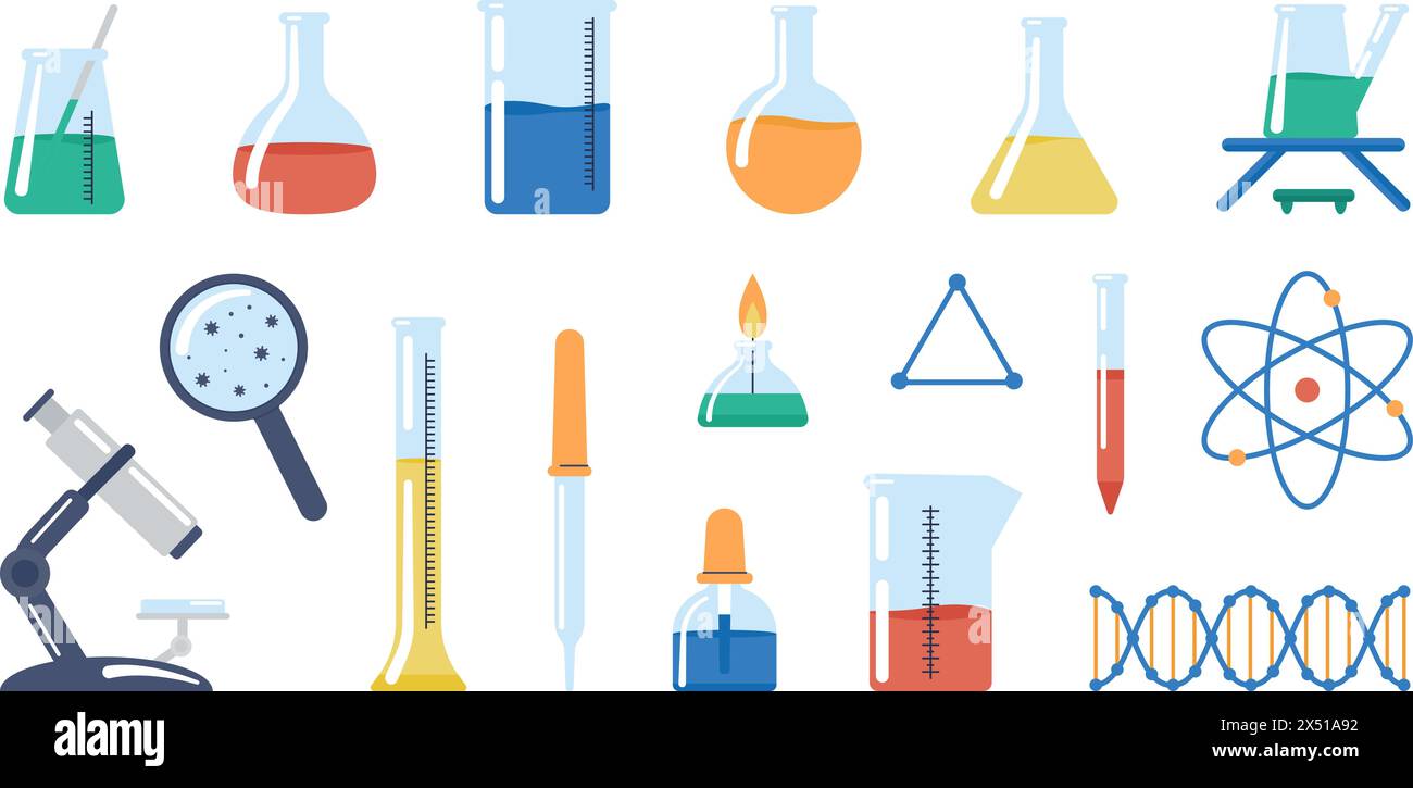 Science equipment. Glass laboratory tubes, dna molecule, burner and ...