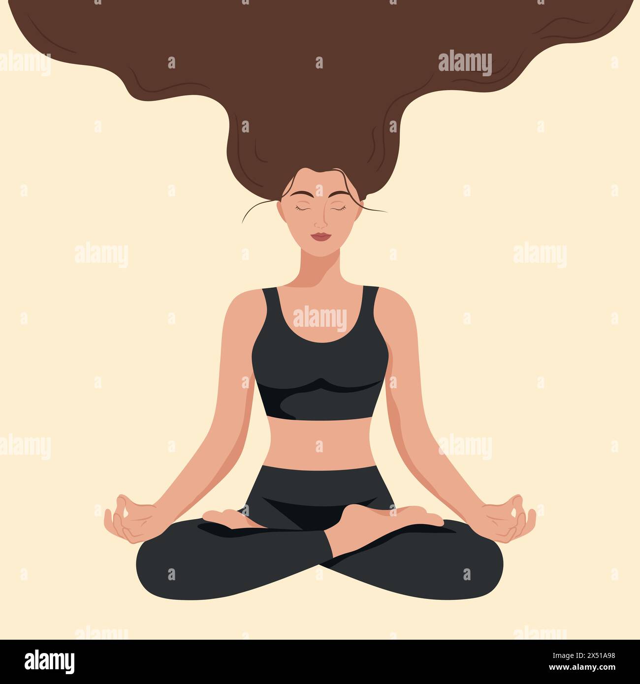 Beautiful girl with long floating hair sitting in yoga pose. Meditating ...