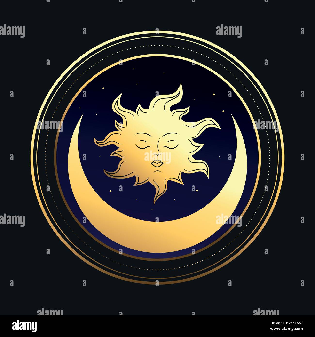 Round celestial emblem with golden sun and crescent. Vector ...