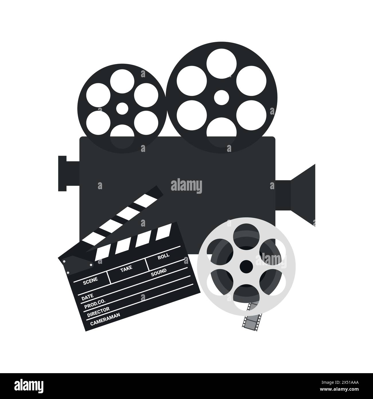 Cinema icons. Video camera, film reel and clapperboard isolated on white background. Vector ...