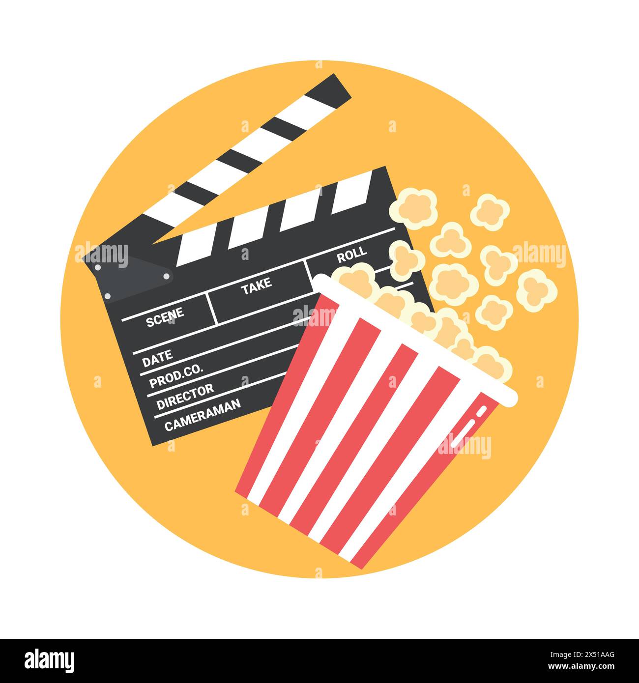 Cinema emblem with an open clapper board and popcorn bucket. Round ...