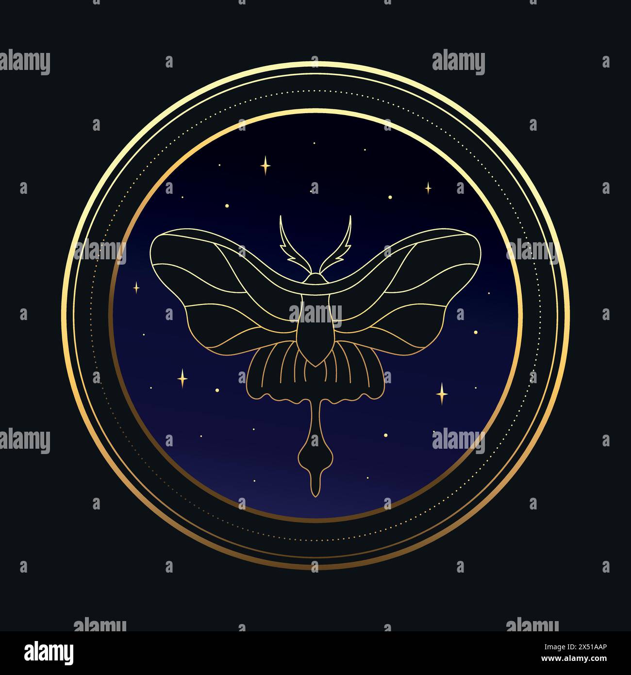 Celestial emblem with a golden butterfly and stars. Vector illustration ...