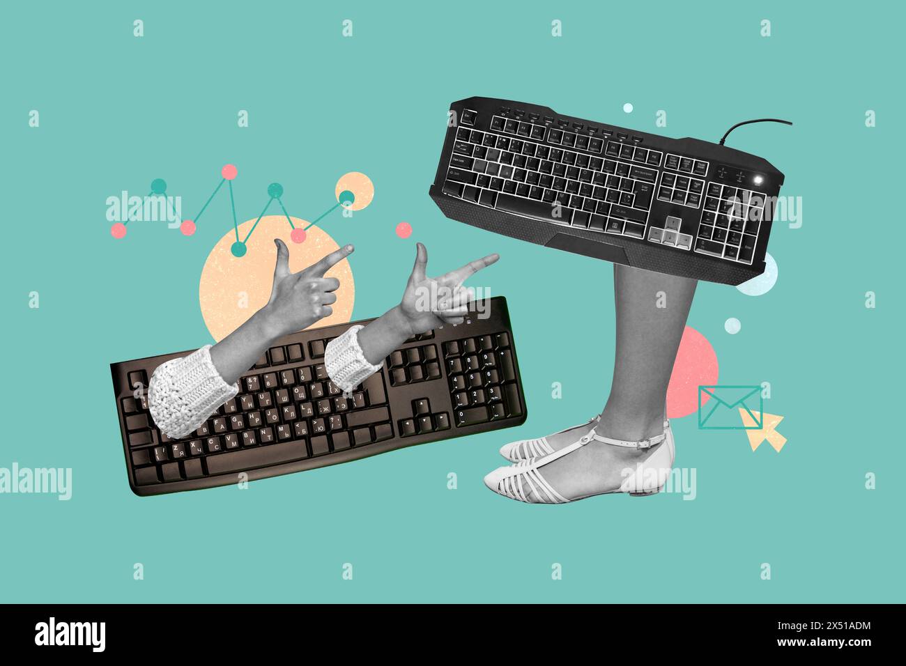 Composite photo collage of legs hand people instead body computer ...