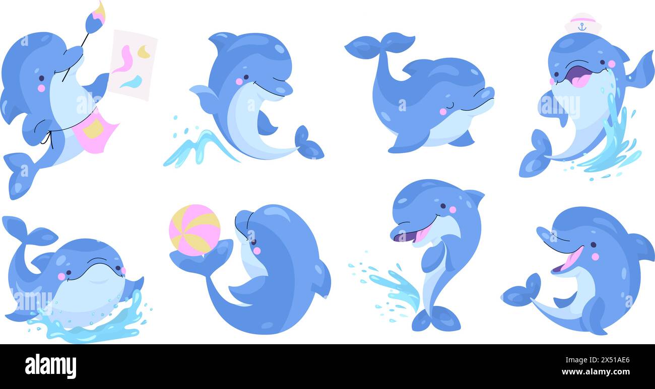 Dolphins characters. Cartoon cute dolphin drawing, play with ball and ...